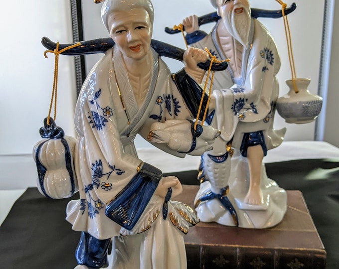 Vintage Large Porcelain Chinese Man and Woman Fishing Couple Blue and ...