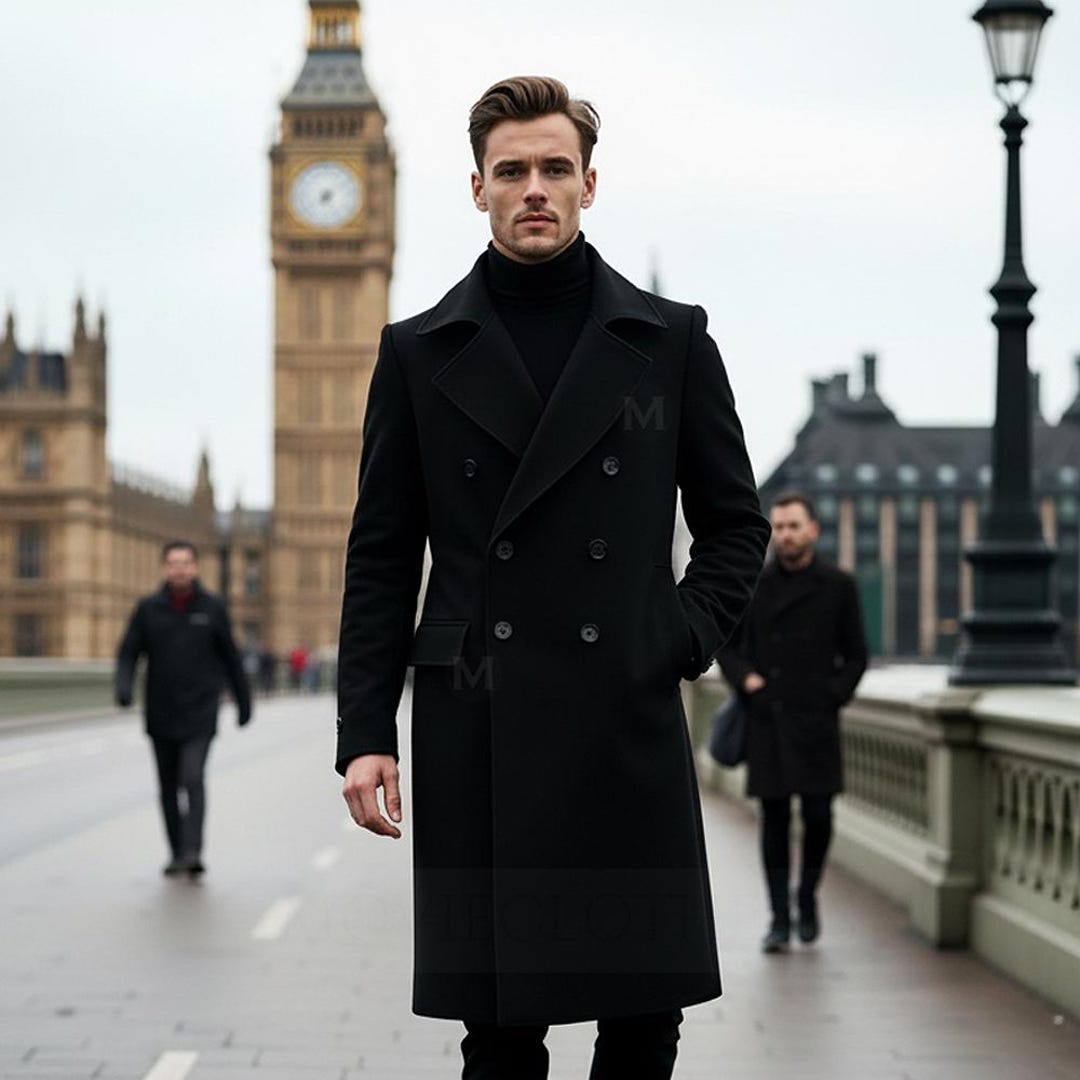 Minimalist Gentleman Black Overcoat | Classic Double Breasted Trench ...