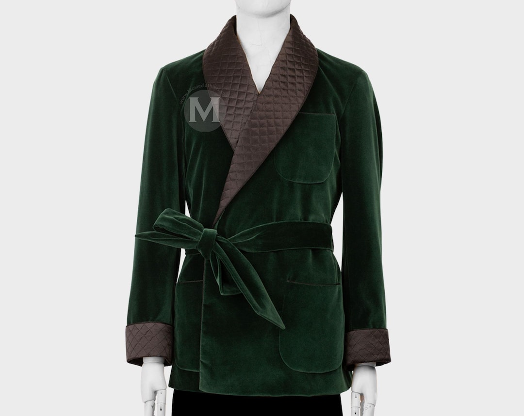 Luxurious Men Green Smoking Jacket | Handmade Quilted Robe Black Shawl ...