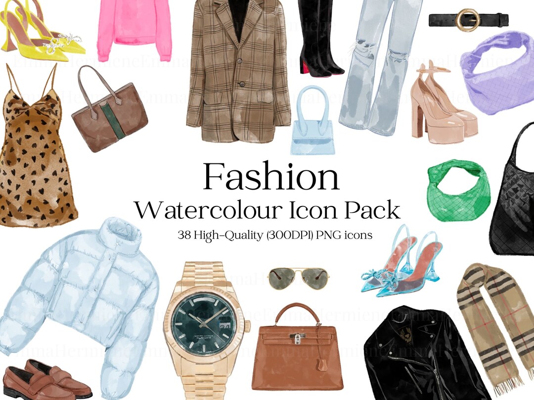 Watercolour Fashion Icon Pack | Hand-drawn Clothing Icons, Fashion Blog ...