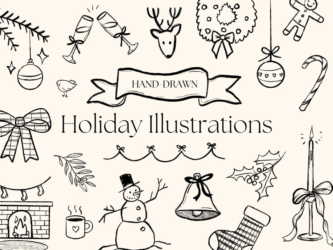 Holiday Illustrations Bundle Hand-drawn Christmas Icons, Winter Illustrations, Merry Christmas ...