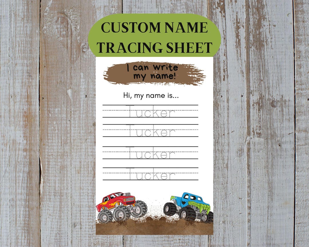 Custom Name Tracing Sheet for Boys Muddy Monster Truck Vehicles ...