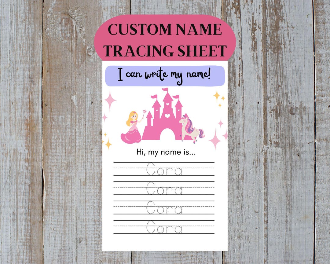 Custom Name Tracing Sheet for Girls Princess Unicorn Handwriting ...