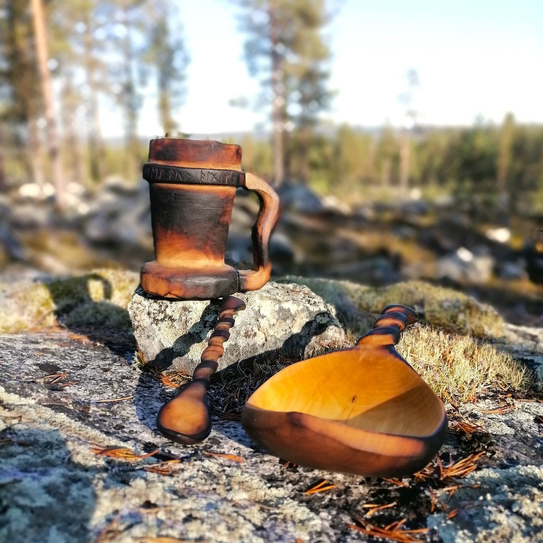 Kuksa Wooden Spoon Beer Mug Handmade Viking Gift Set in Nordic Birch ...