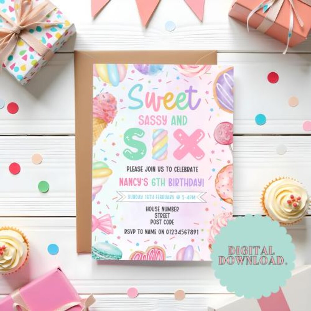 SWEET SASSY & SIX Digital Download Birthday Invitation Candy Theme ...