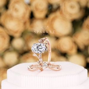 Nature Inspired Oval Shape Moissanite Leaf Engagement Ring Set, 14K ...