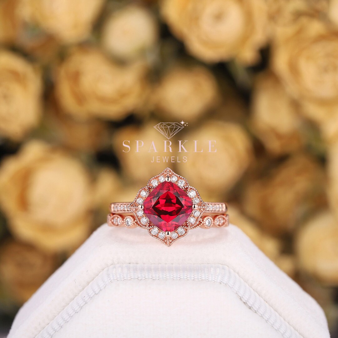 Vintage Cushion Cut Ruby Engagement Ring Set, 14K Rose Gold Sterling ...