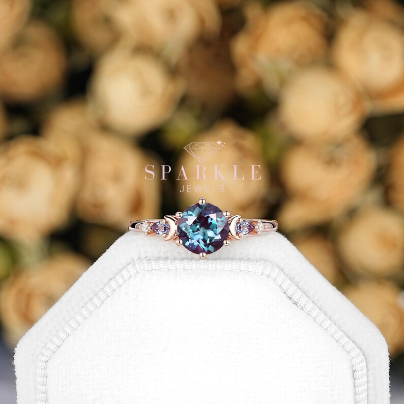 Unique Round Cut Alexandrite Crescent Engagement Ring, Unique 14K Rose ...