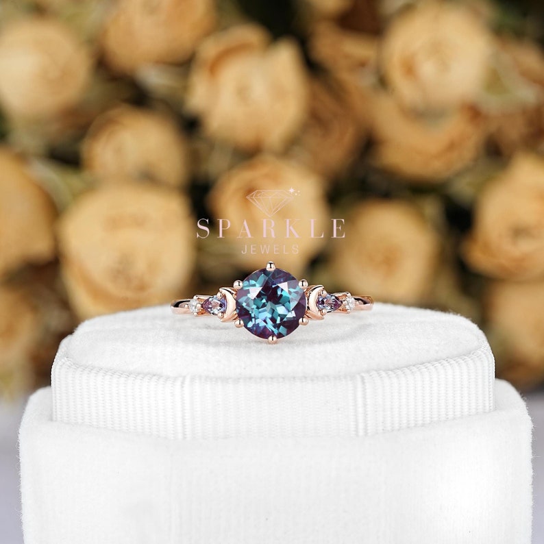 Unique Round Cut Alexandrite Crescent Engagement Ring, Unique 14K Rose ...