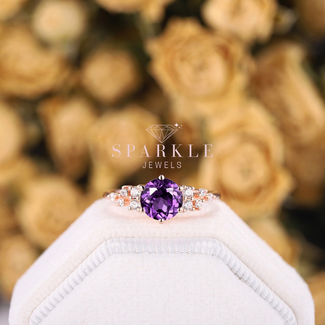 Vintage Round Amethyst Engagement Ring, Unique Amethyst Wedding Ring ...