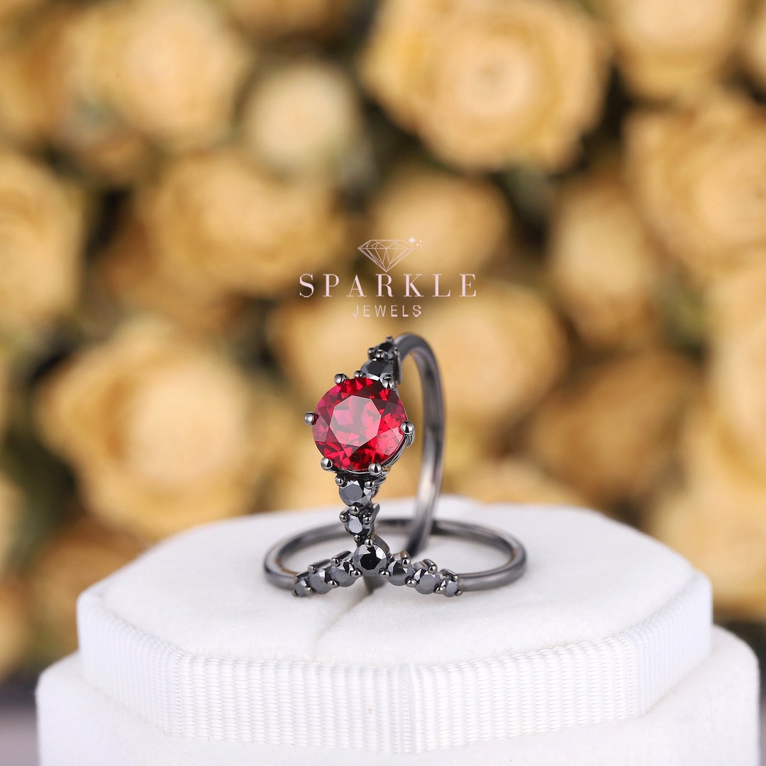 Black Gold Finish Round Ruby Engagement Ring Set, Vintage Black ...