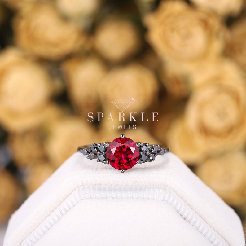Gothic Black Gold Ruby Engagement Ring Set, Rhodium Black Round Cut ...