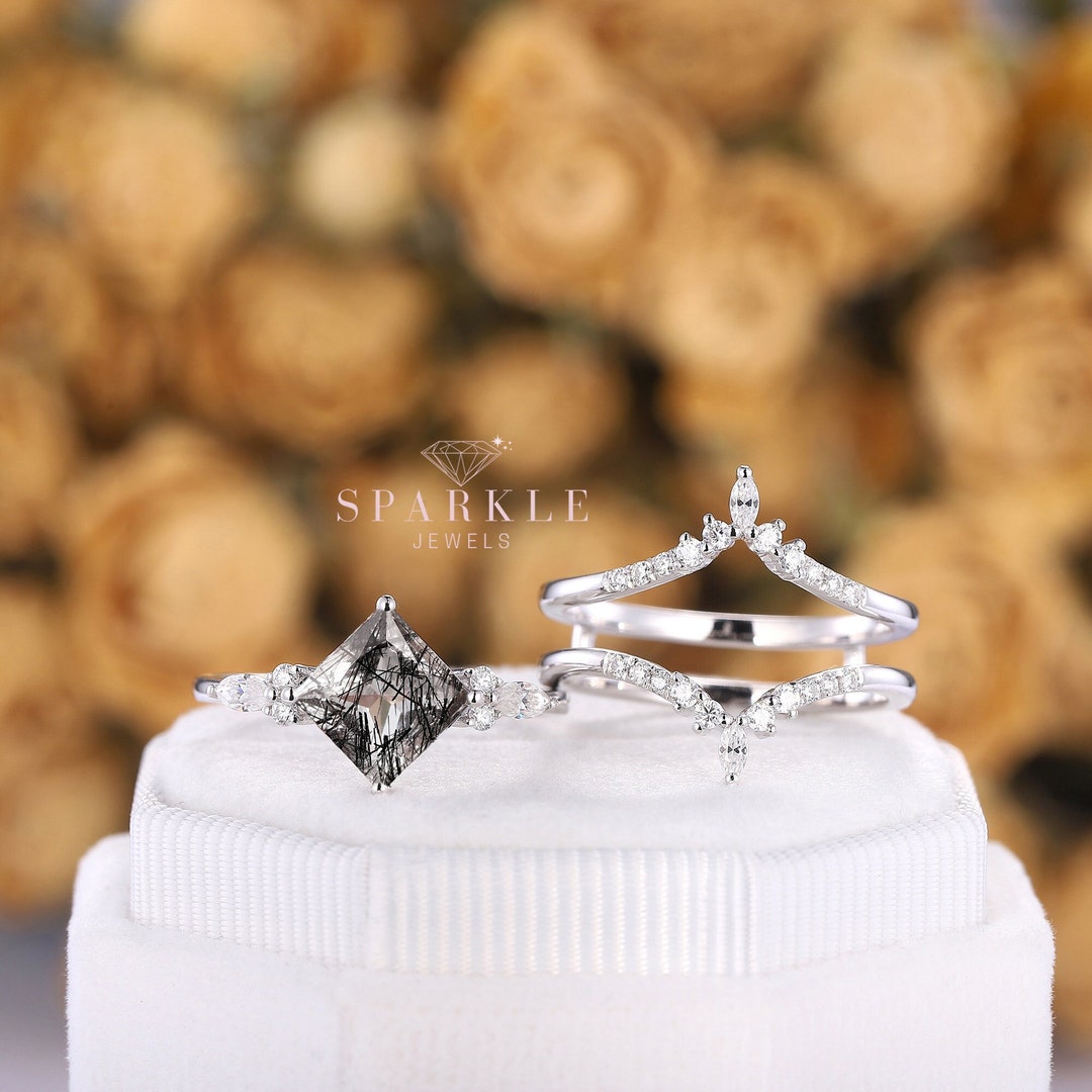 Unique Princess Cut Black Rutilated Quartz Engagement Ring Set, 14K ...