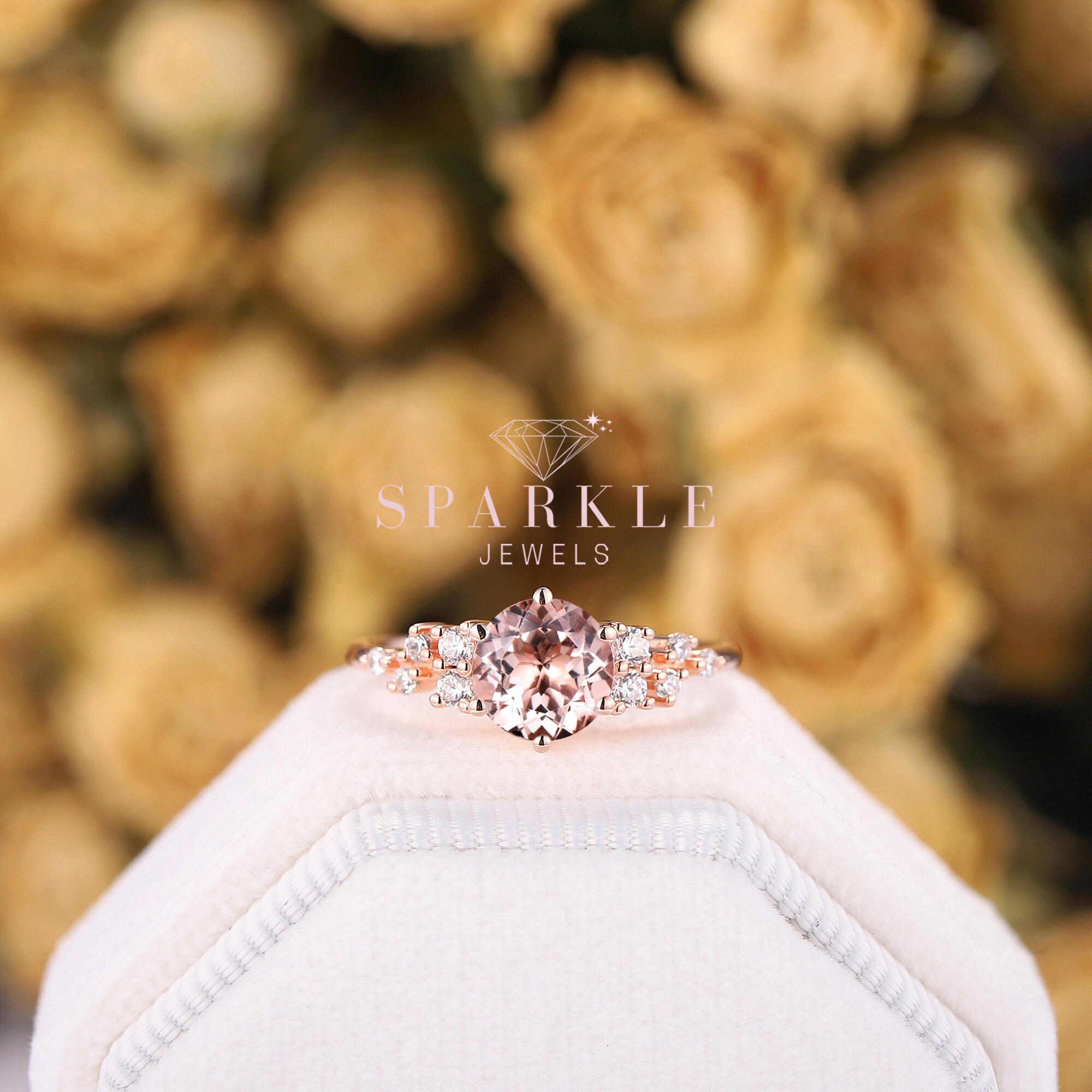 Vintage Round Pink Morganite Cluster Engagement Ring, 14K 18K Solid ...