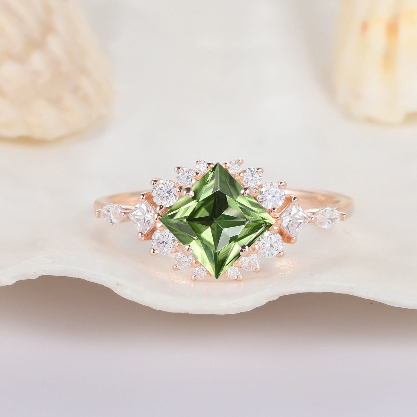 Vintage Square Peridot Engagement Ring, 14K Rose Gold Princess Cut ...