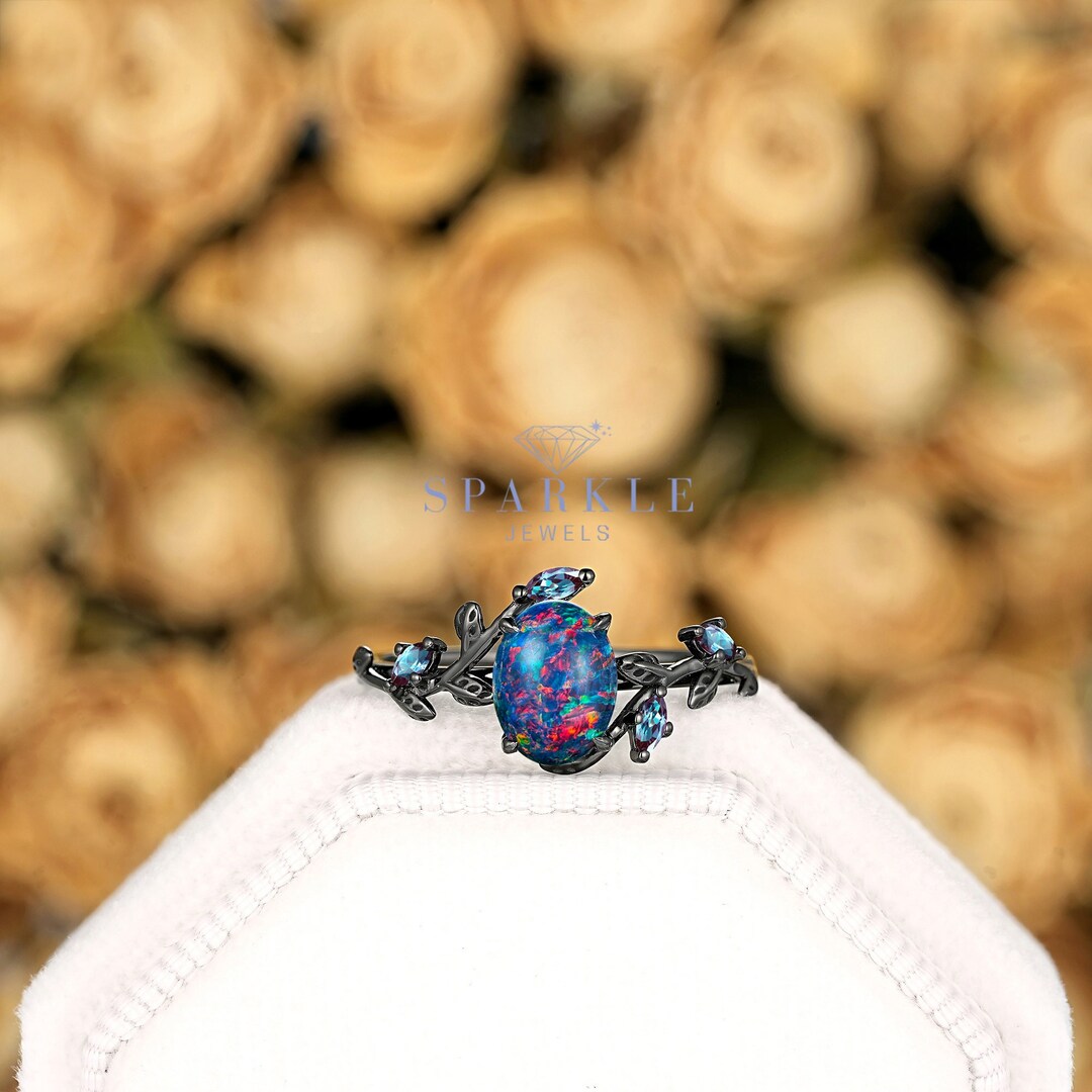 Gothic Oval Shape Black Opal Leaf Engagement Ring, Black Gold Mix Fire ...