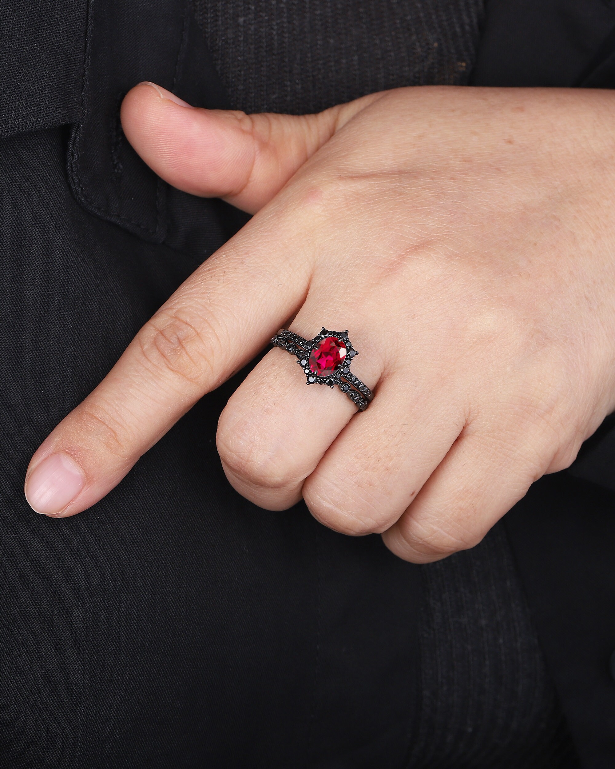 Vintage Black Gold Ruby Floral Engagement Ring Set Round Cut - Etsy