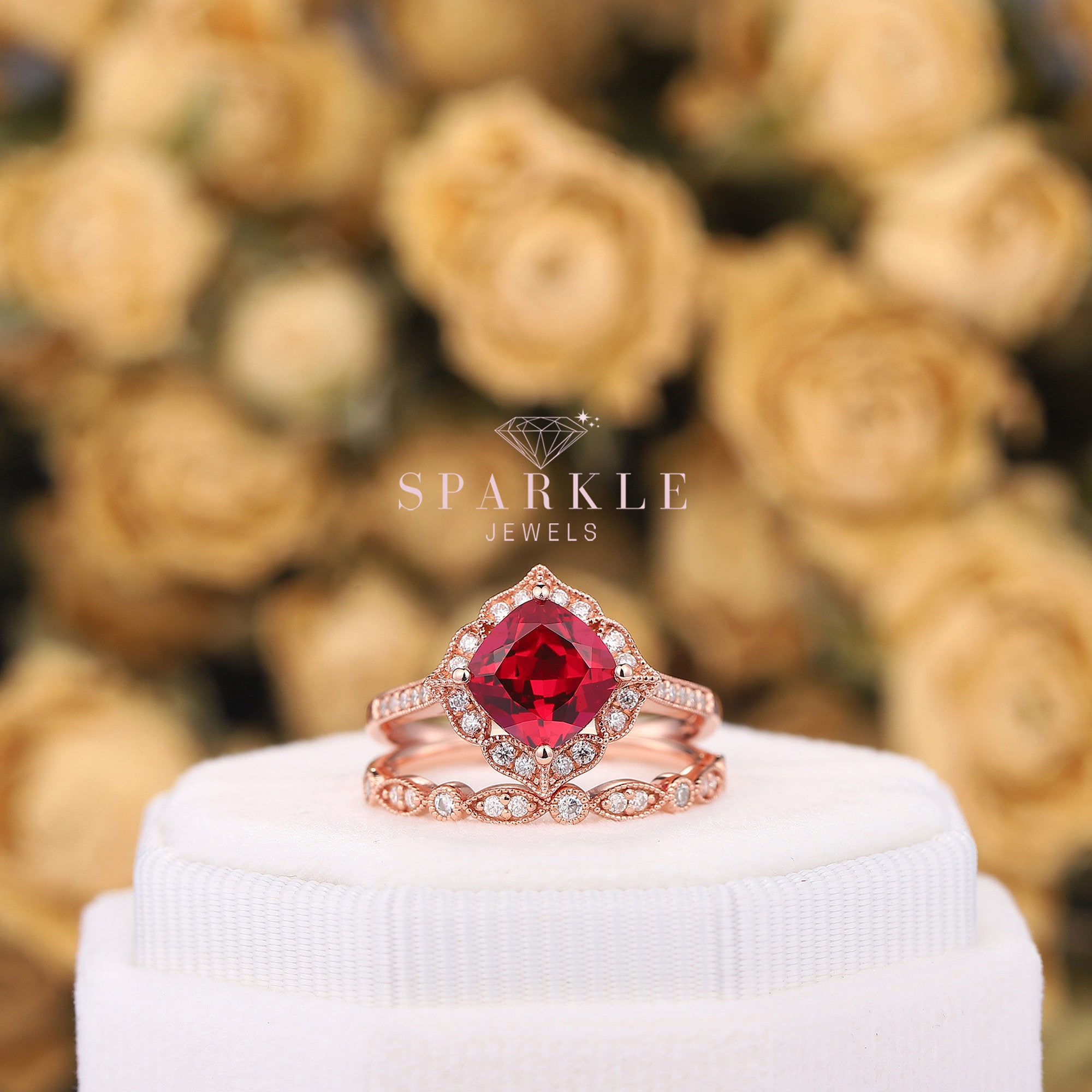 Vintage Cushion Cut Ruby Engagement Ring Set, 14K Rose Gold Sterling ...