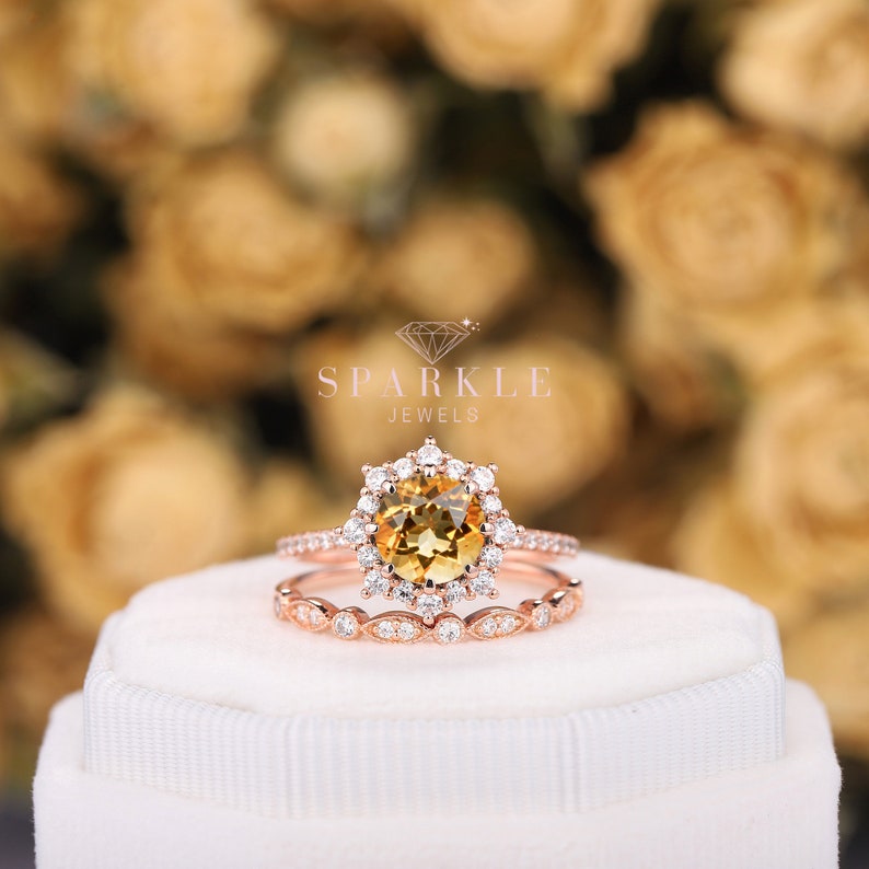 Vintage Round Citrine Engagement Ring Set Unique 14K Rose - Etsy