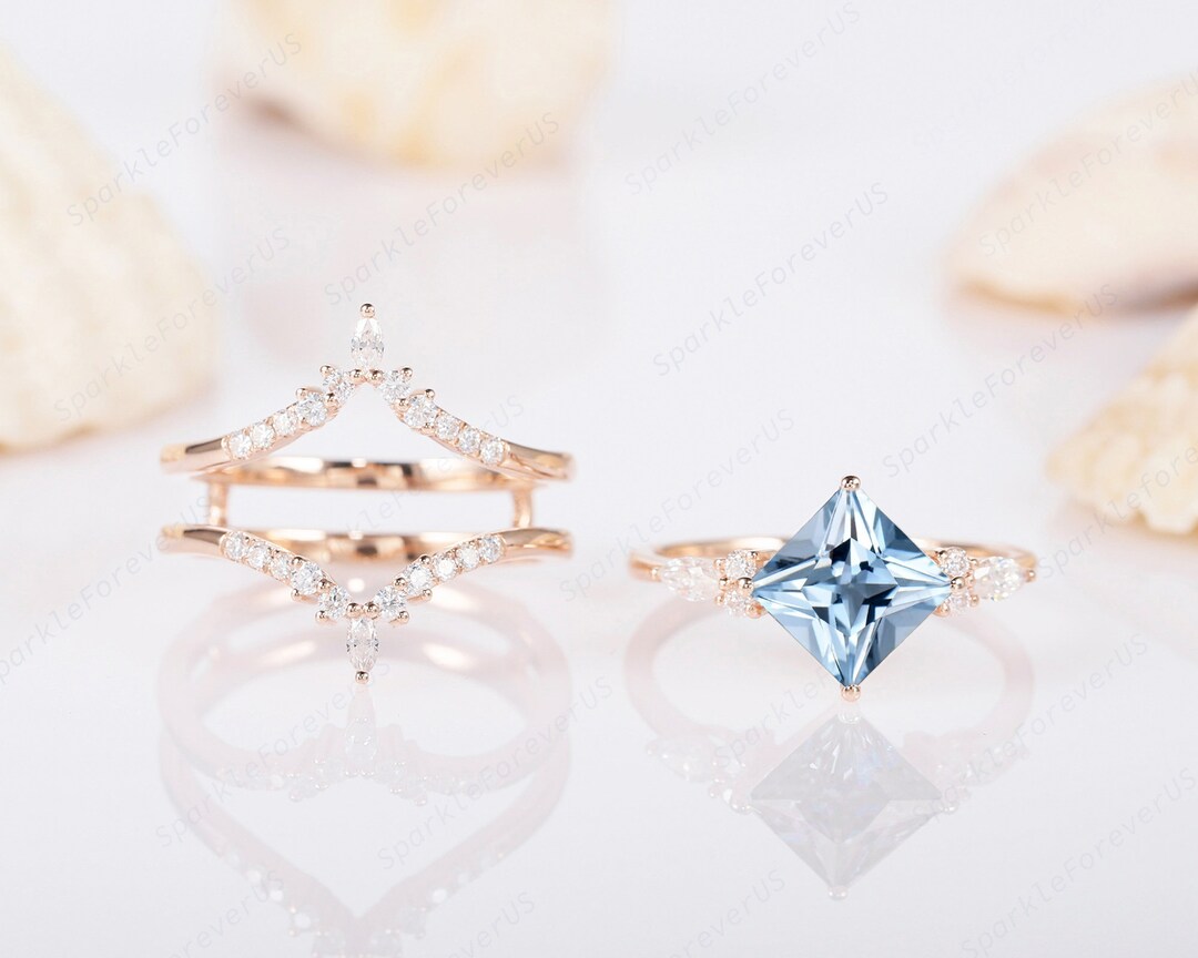 Vintage Princess Cut Aquamarine Ring Set, Blue Aquamarine Bridal Set ...