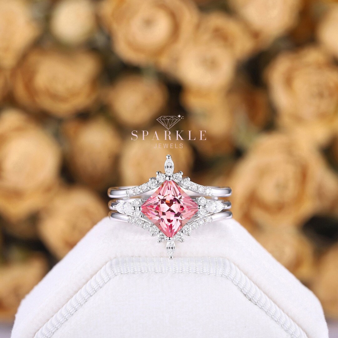 Princess Shape Pink Sapphire Engagement Ring Set With Ring Guard Spacer ...