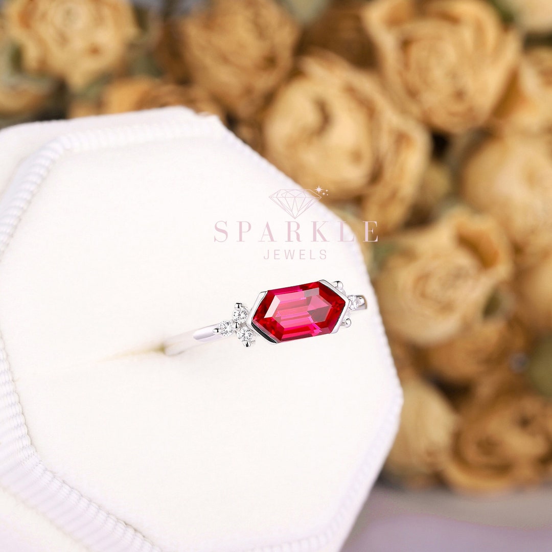 Vintage Long Hexagon Ruby Engagement Ring , Art Deco 14k White Gold ...