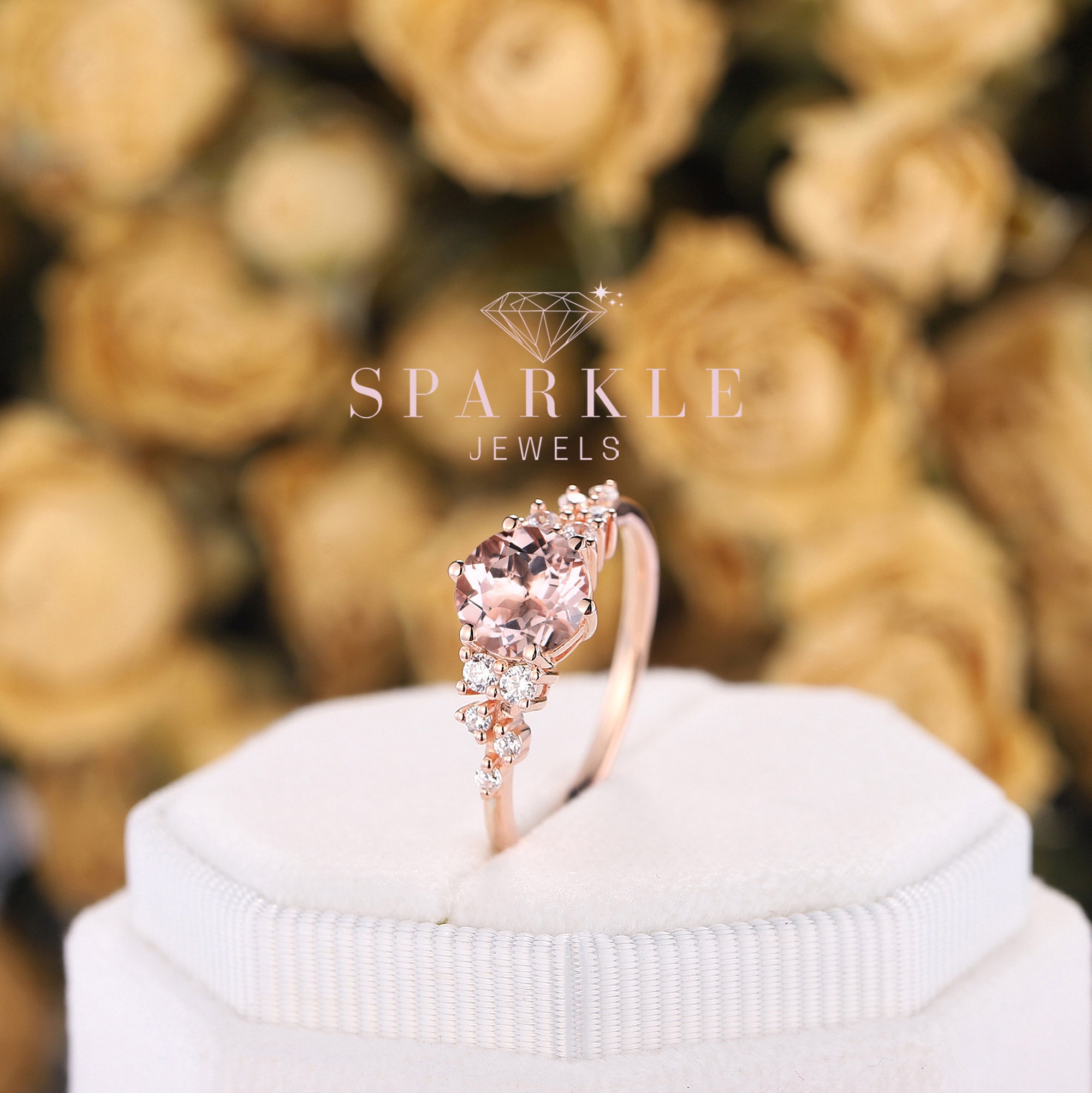 Vintage Round Pink Morganite Cluster Engagement Ring, 14K 18K Solid ...