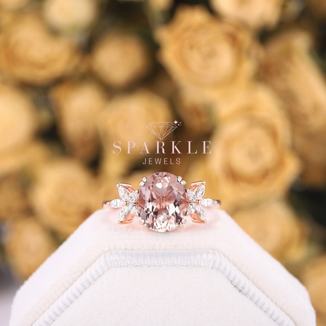 Vintage 8x10mm Oval Morganite Cluster Engagement Ring, 18K Solid Rose ...