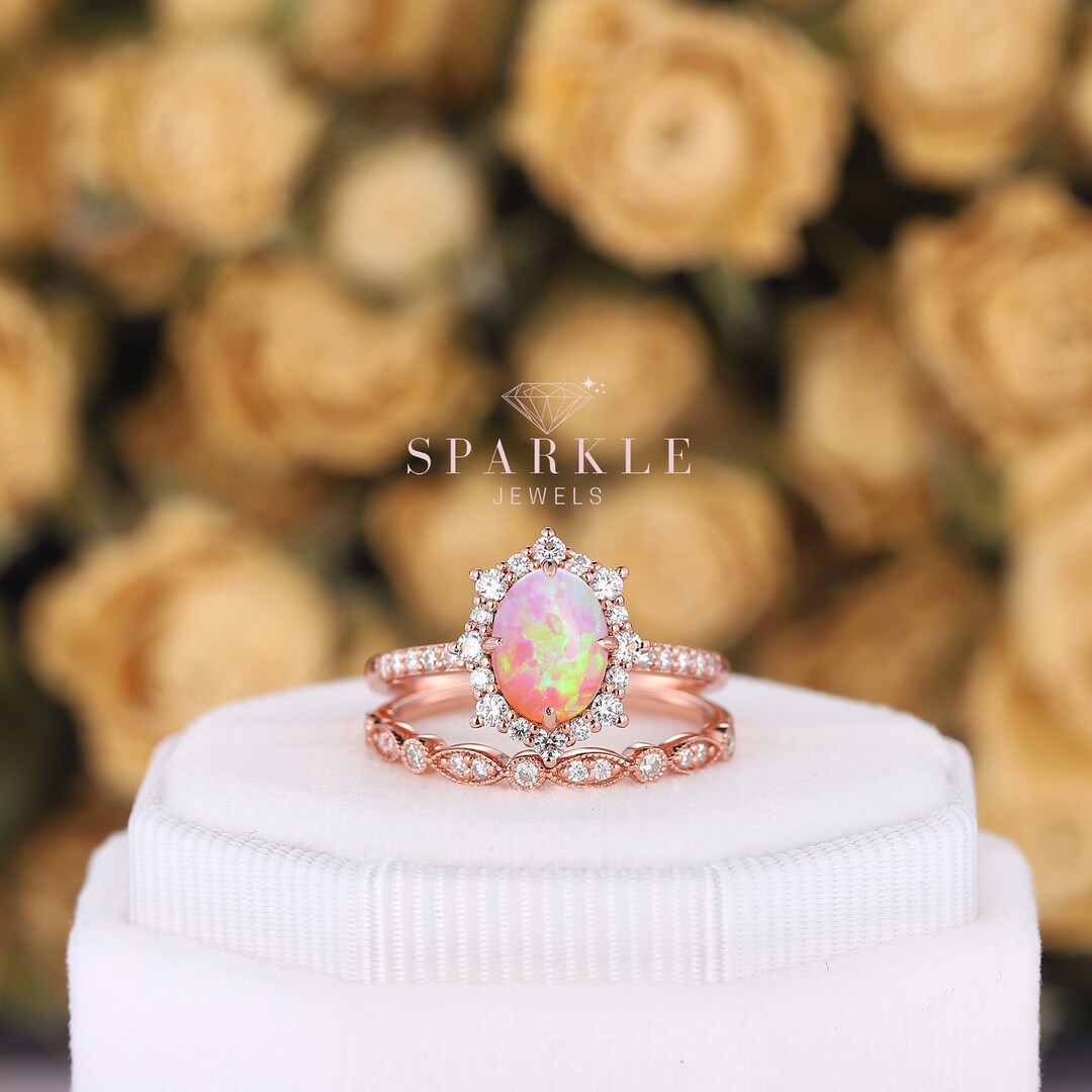 Vintage Oval Pink Fire Opal Engagement Ring Set, Unique 14K Rose Gold ...