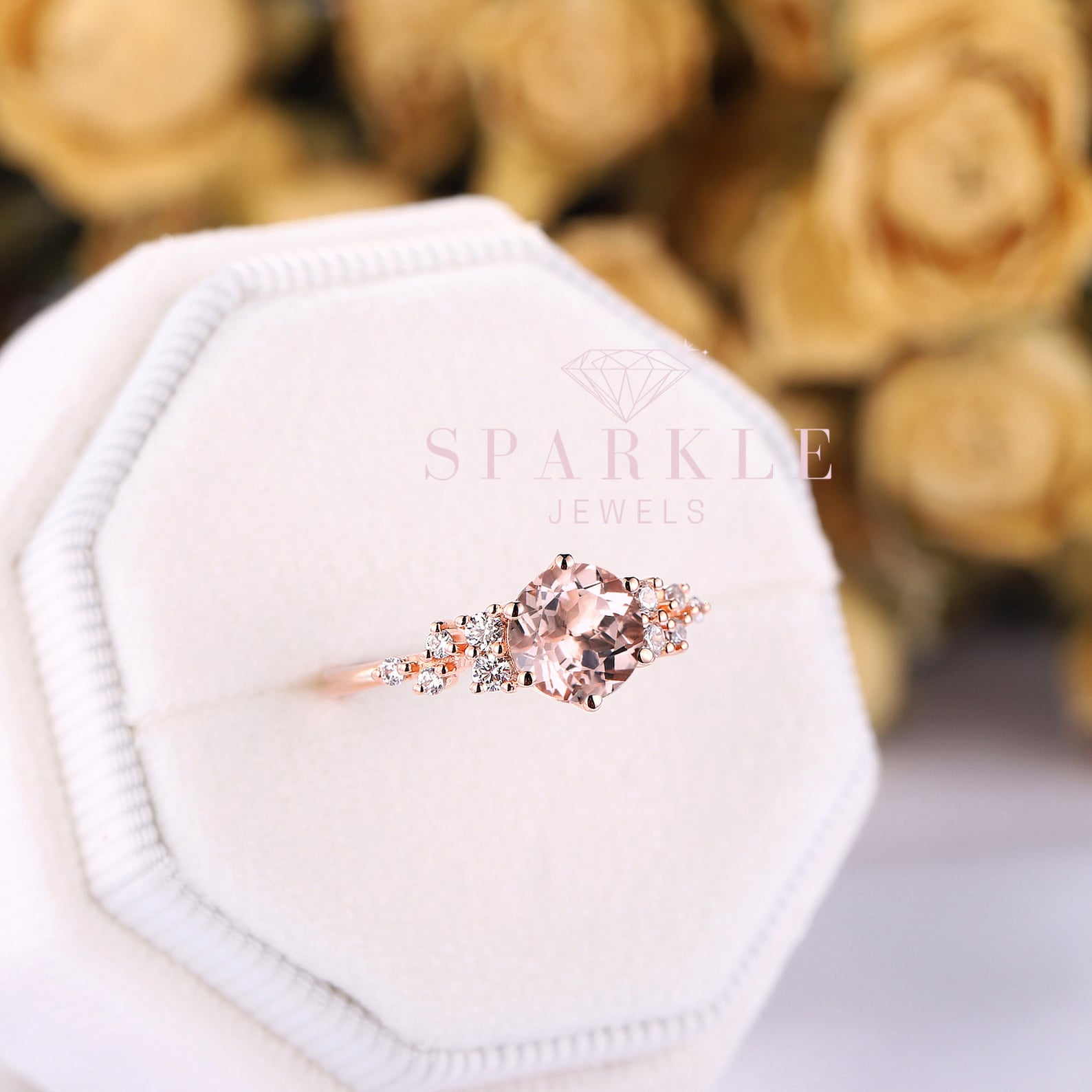 Vintage Round Pink Morganite Cluster Engagement Ring, 14K 18K Solid ...
