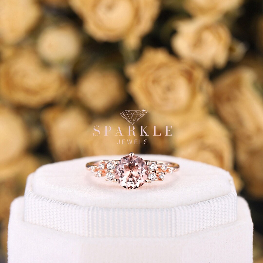 Vintage Round Pink Morganite Cluster Engagement Ring, 14K 18K Solid ...