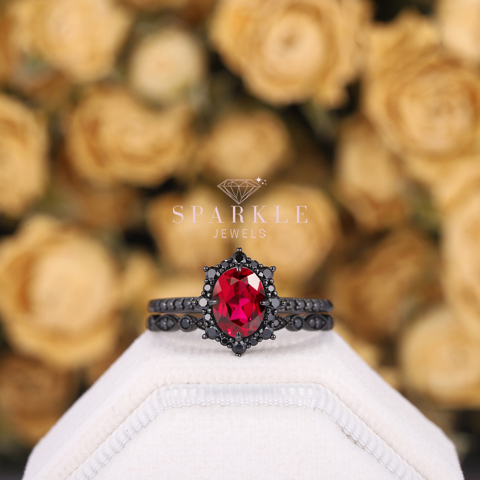 Vintage Black Gold Ruby Floral Engagement Ring Set, Oval Cut Ruby ...