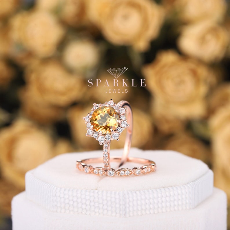 Vintage Round Citrine Engagement Ring Set Unique 14K Rose - Etsy