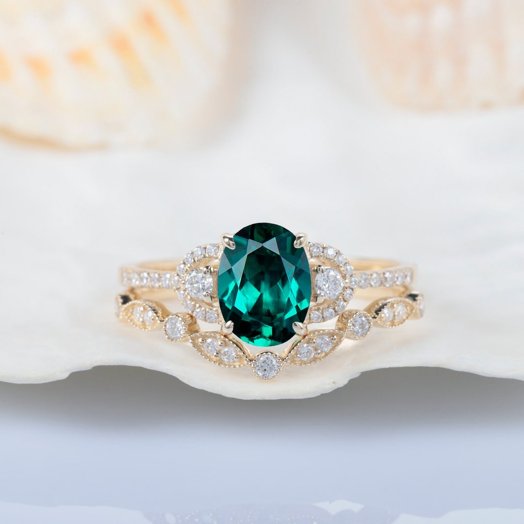 Oval Emerald Wedding Bridal Set, 14K Yellow Gold Emerald Engagement ...