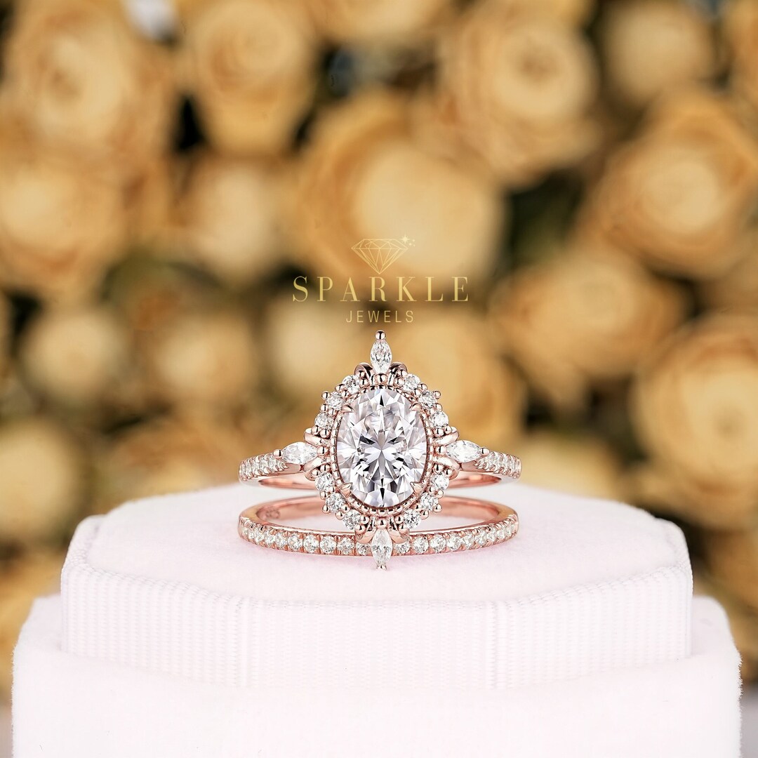 Peekaboo Setting Oval Shape Moissanite Halo Engagement Ring Set ...