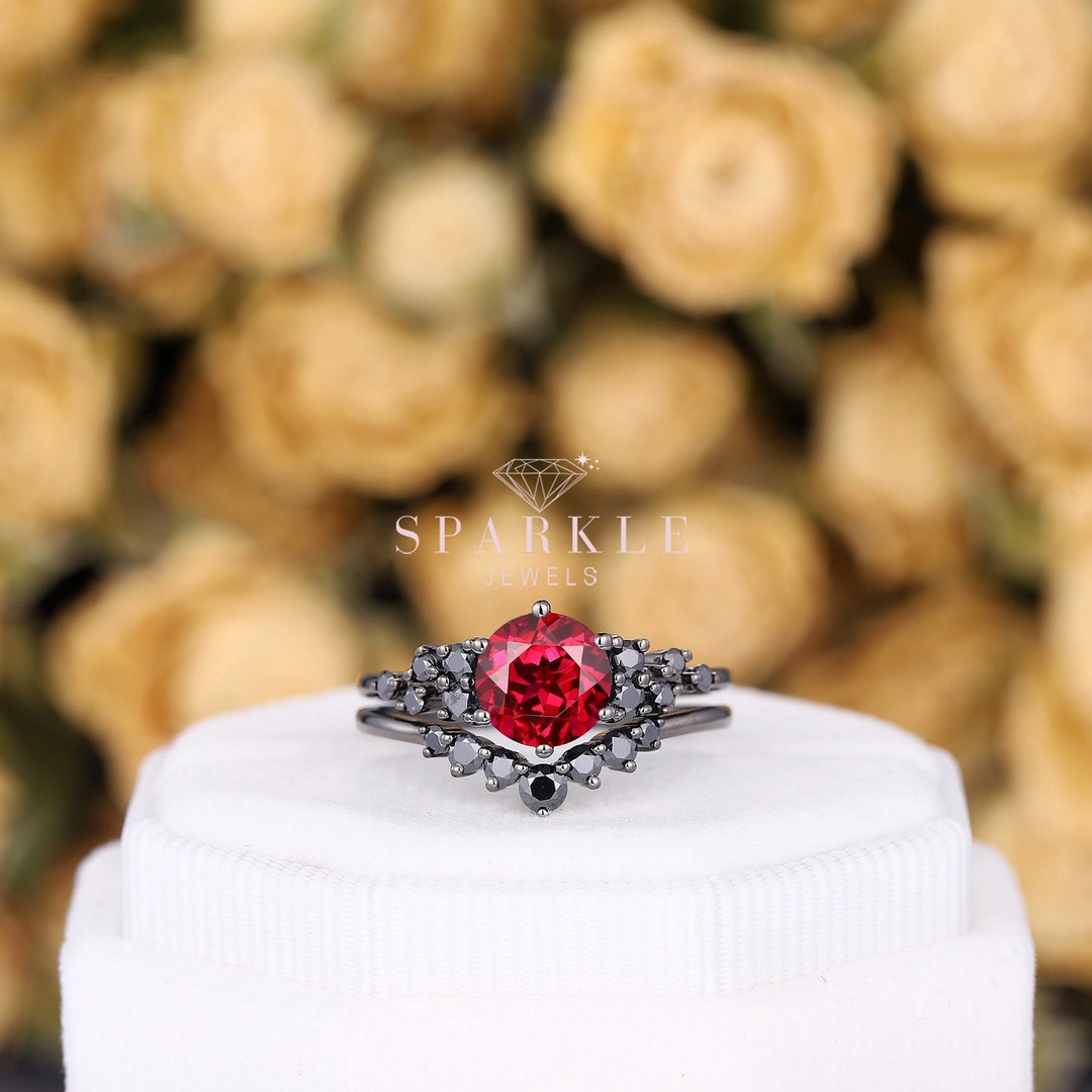 Gothic Black Gold Ruby Engagement Ring Set, Rhodium Black Round Cut ...