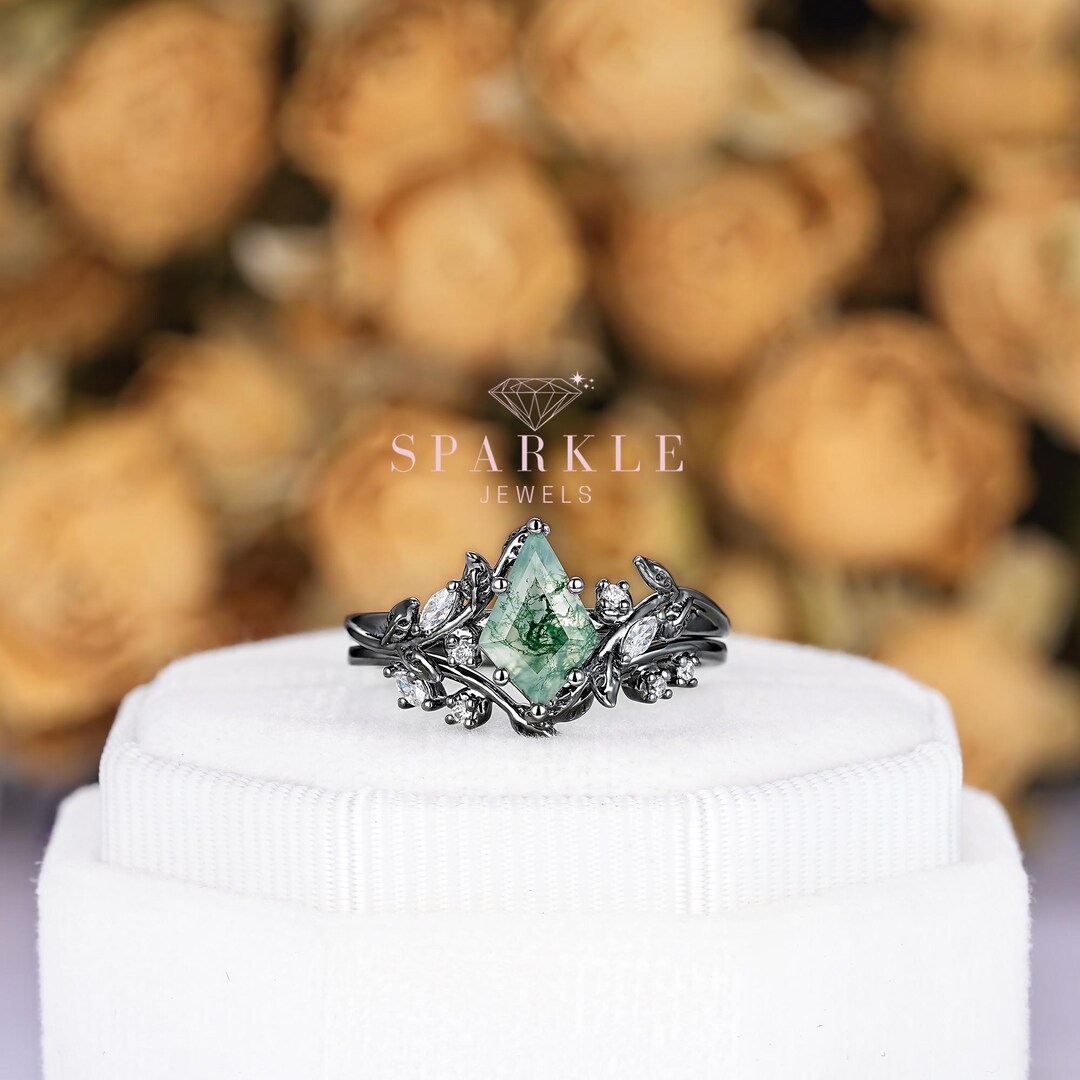 Gothic Kite Cut Natural Moss Agate Engagement Ring Set, Black Rhodium ...