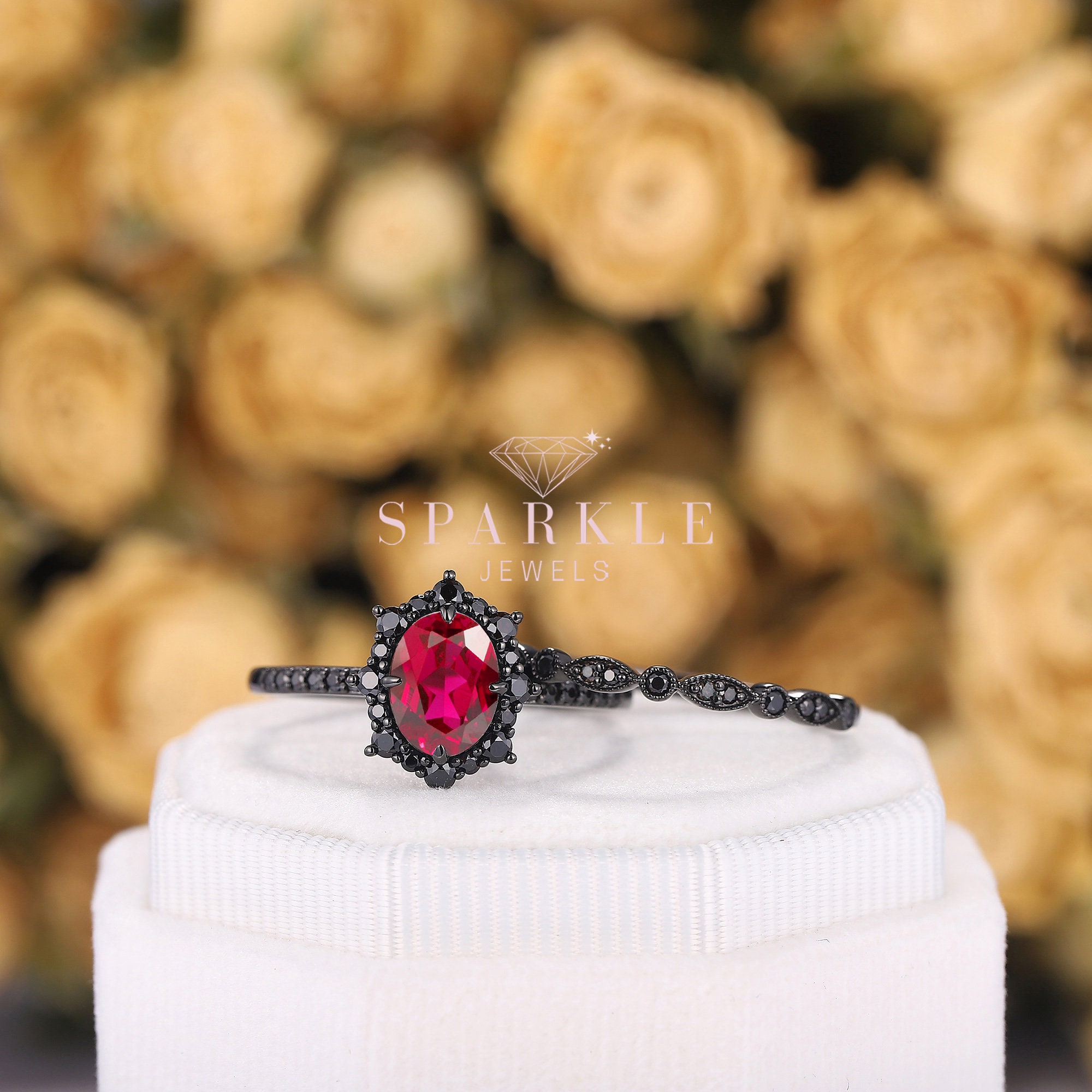 Vintage Black Gold Ruby Floral Engagement Ring Set, Oval Cut Ruby ...