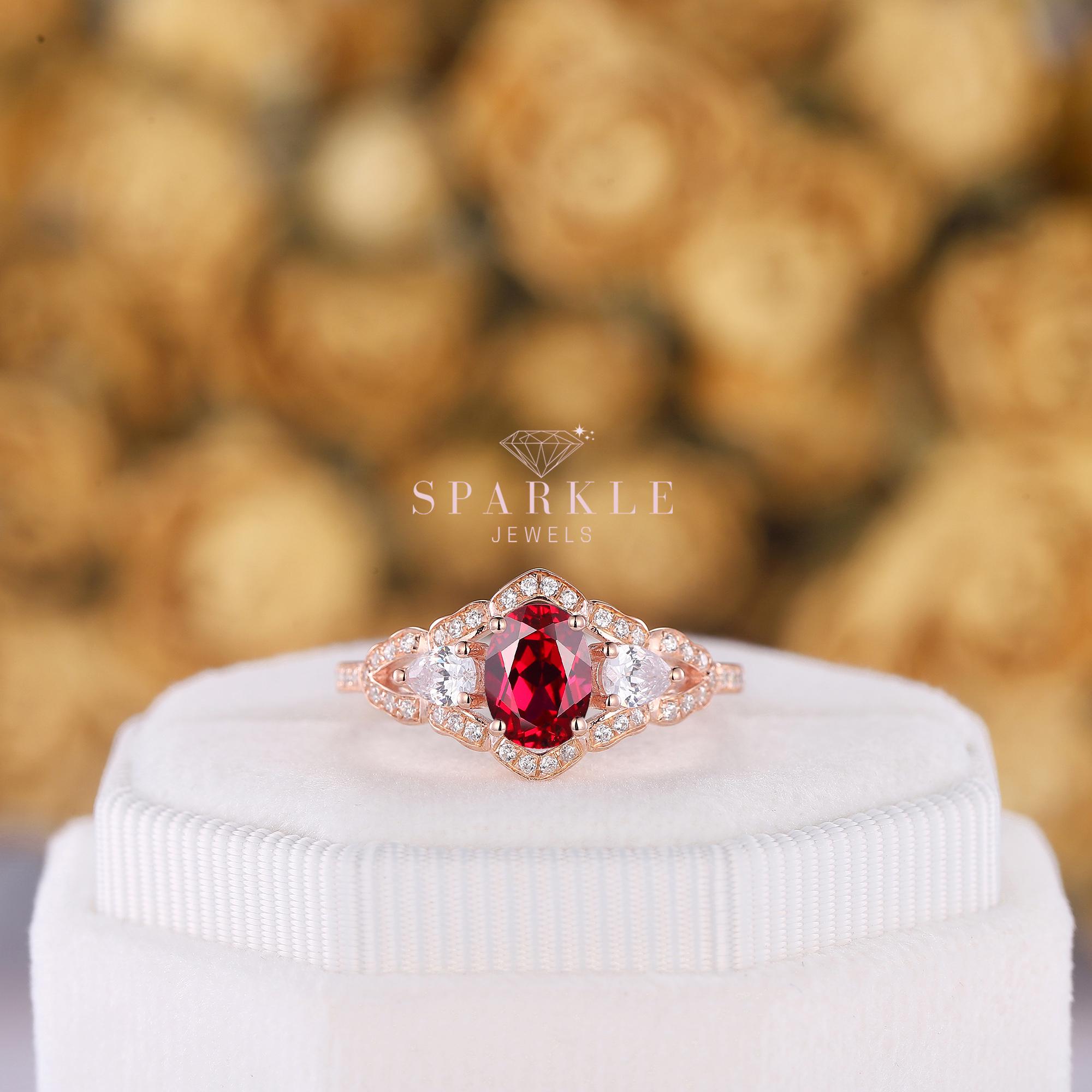 Vintage Oval Cut Ruby Cluster Engagement Ring, Unique 14k Rose Gold ...