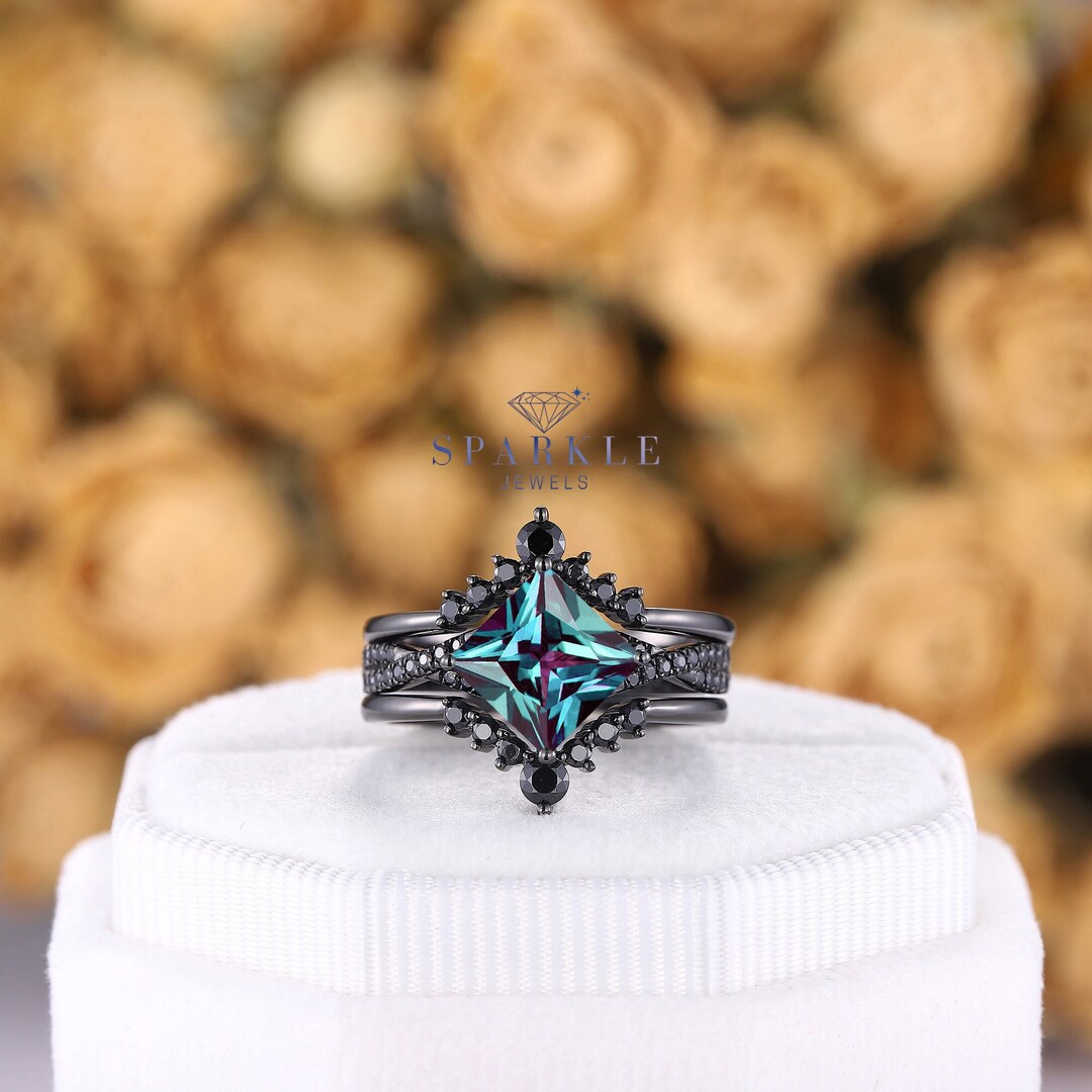 3PCS Vintage Princess Cut Alexandrite Engagement Ring, Rhodium Black ...