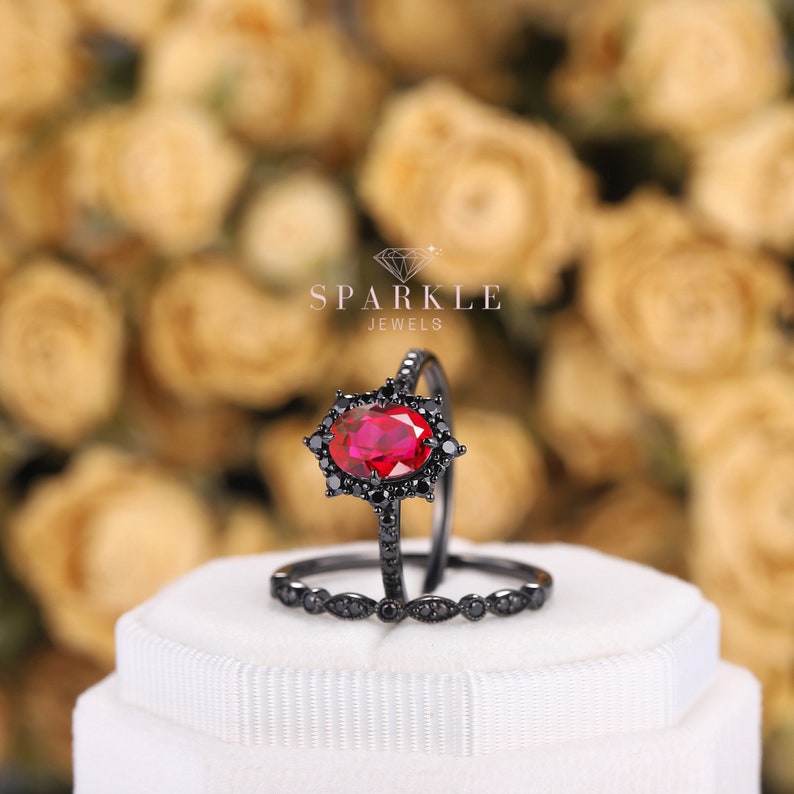 Vintage Black Gold Ruby Floral Engagement Ring Set, Oval Cut Ruby ...