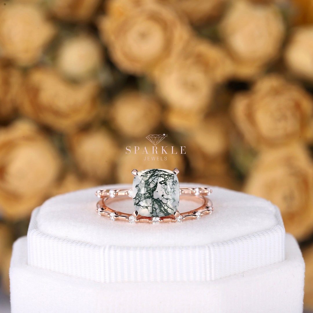 Cushion Cut Moss Agate Engagement Ring Set, Vintage 14K Rose Gold Moss ...