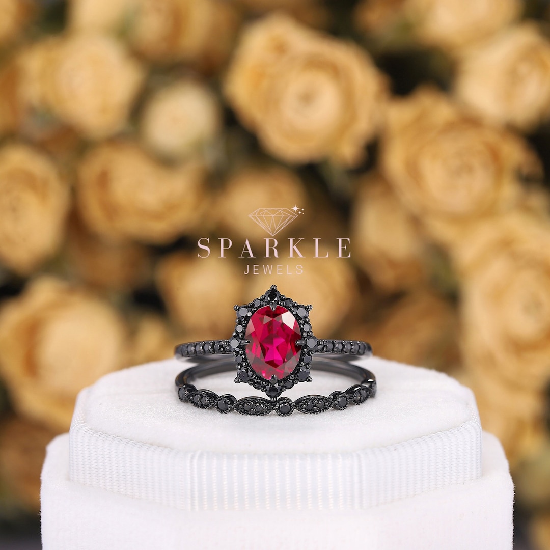Vintage Black Gold Ruby Floral Engagement Ring Set, Oval Cut Ruby ...