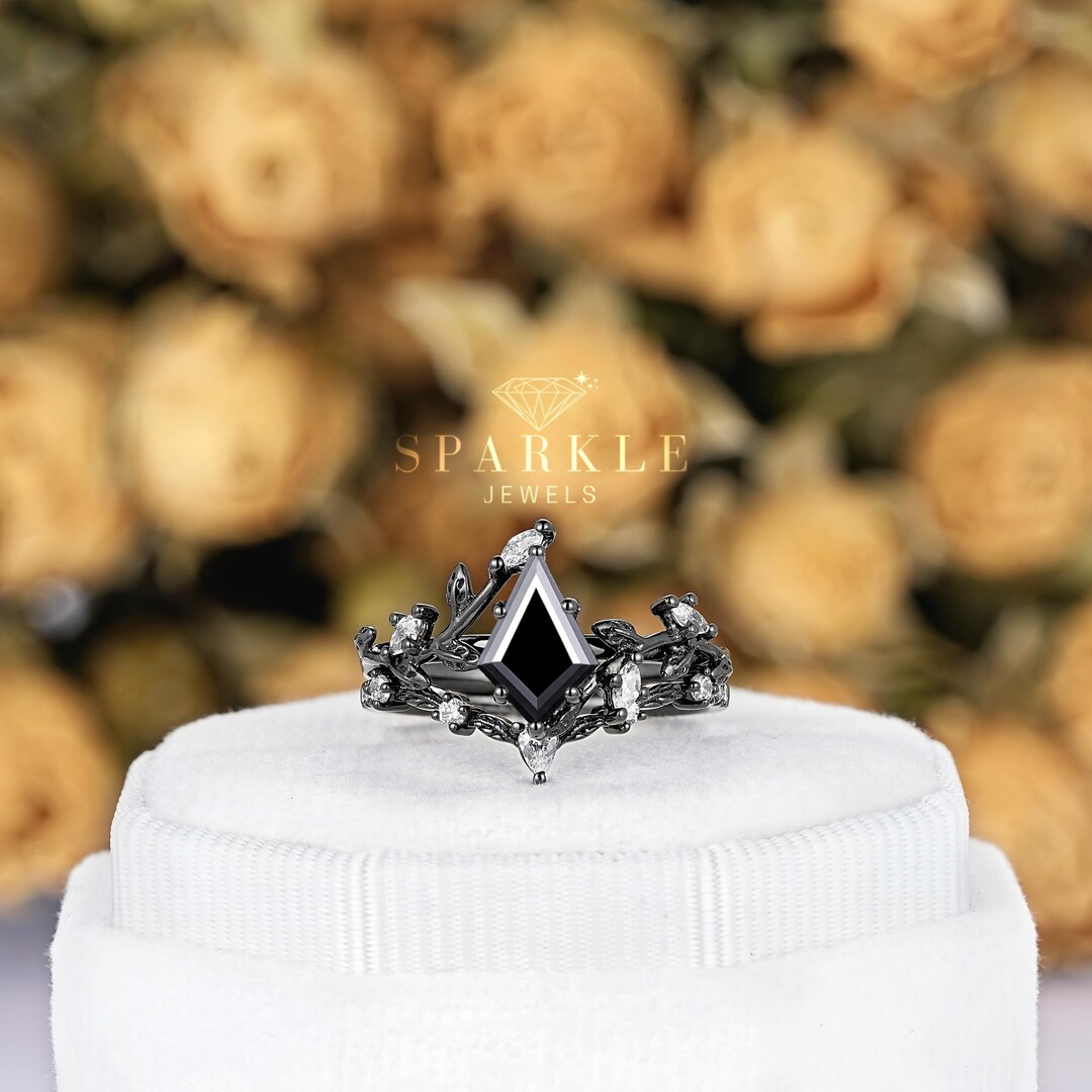 Gothic Kite Cut Black Moissanite Leaf Engagement Ring Set, Unique ...