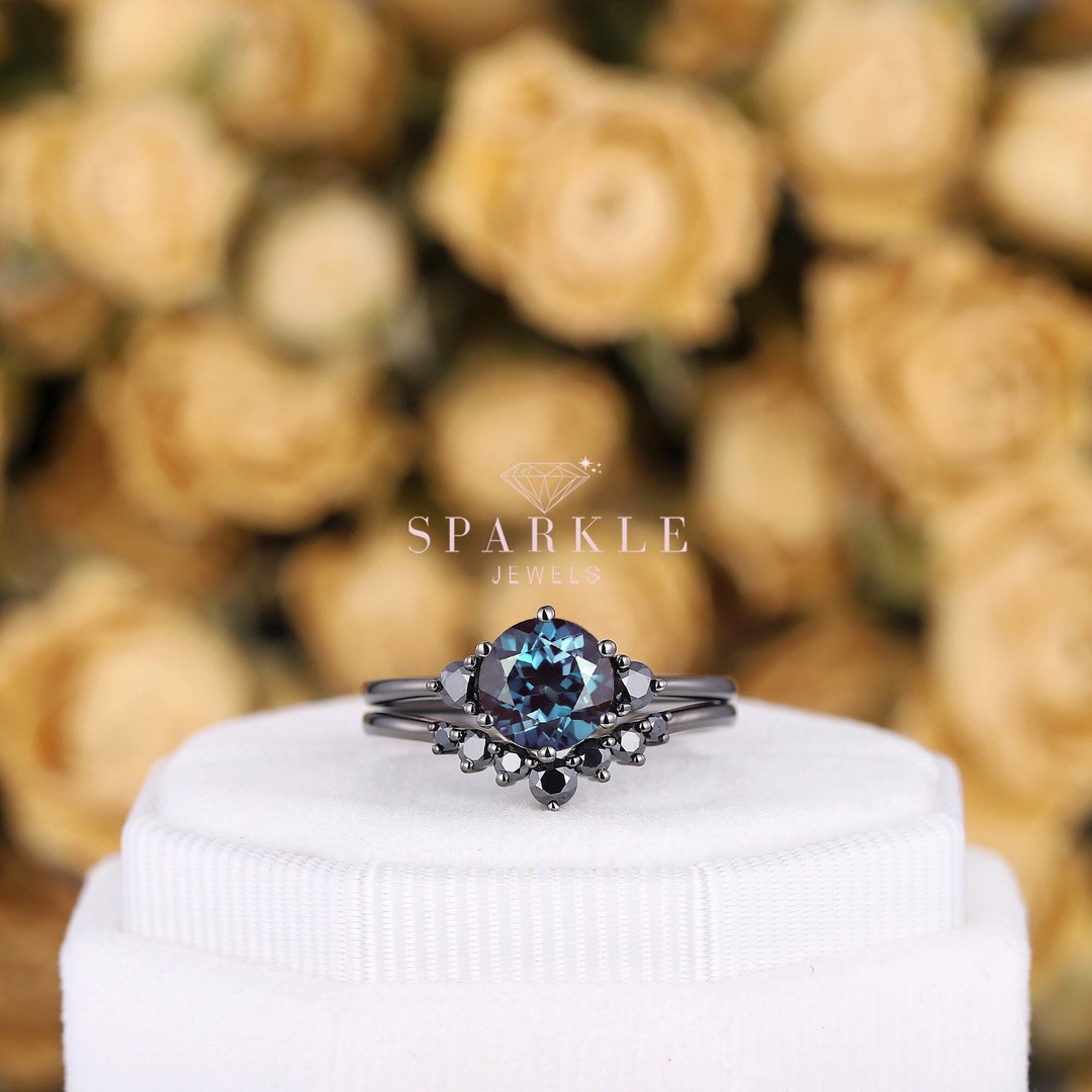 Unique Black Gold Finish Round Shape Alexandrite Engagement Ring Set ...