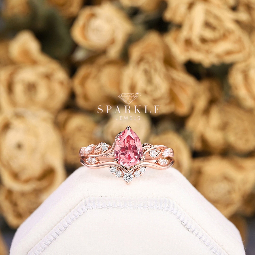 Vintage Pear Shape Pink Sapphire Floral Engagement Ring Set, Unique 14K ...