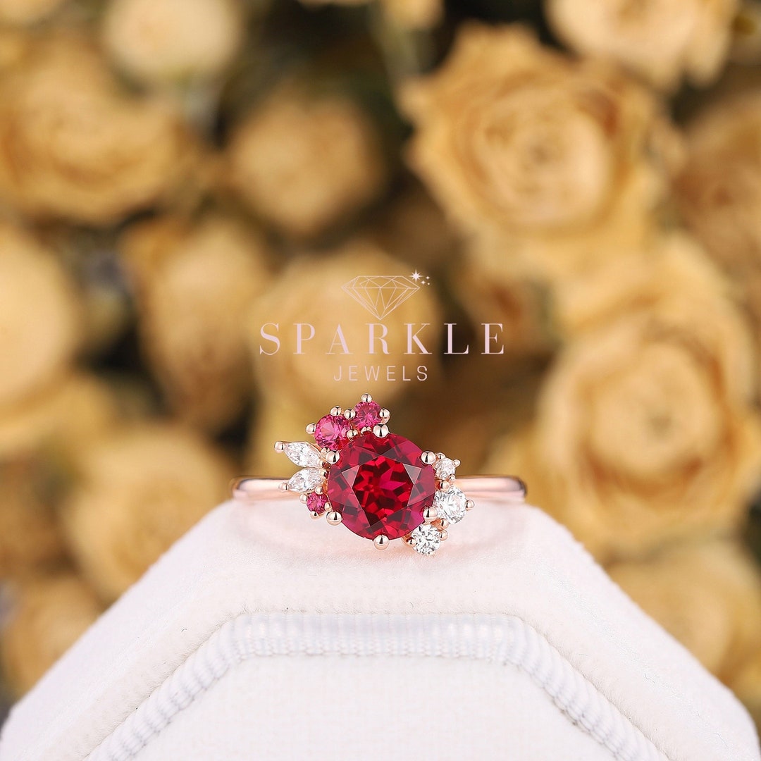 Vintage Round Cut Ruby Engagement Ring, Art Deco Cluster Promise Ring ...
