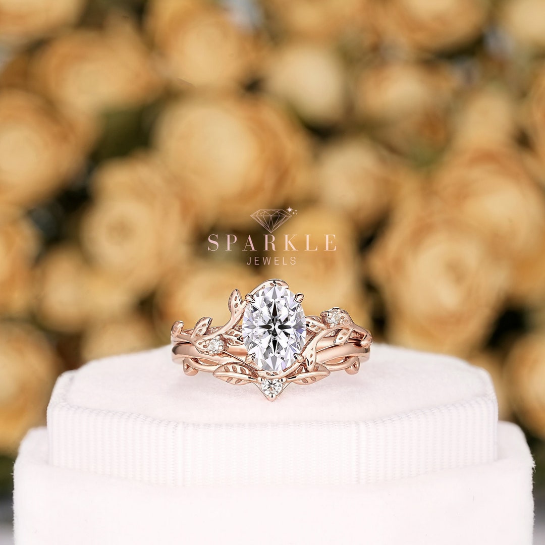 Nature Inspired Oval Shape Moissanite Leaf Engagement Ring Set, 14K ...