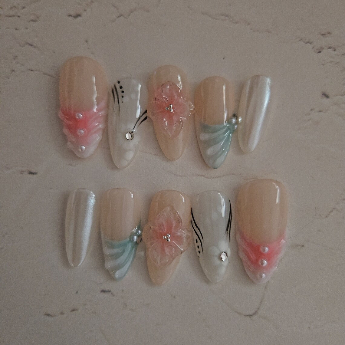 Glass Flower Cheek Point Nails/medium Almond Nails/3d Nails/luxury ...