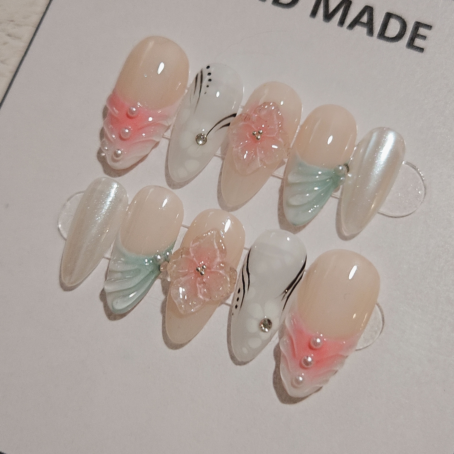Glass Flower Cheek Point Nails/medium Almond Nails/3d Nails/luxury ...